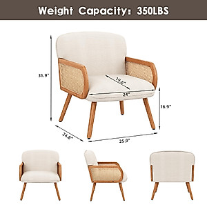 Andeworld Accent Chair with Rattan Arms,Upholstered Mid Century Modern Living Room Armchair, Side Club chair with Burlap Linen Fabric for Living Room Bedroom Balcony, Beige