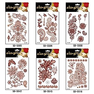 AHIER Henna Tattoo, 6 Sheets Henna Stickers, Waterproof Red Henna Tattoo Stickers for Women