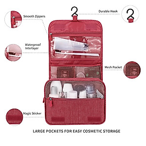 Lcsmaokin Large Capacity Toiletry Bag Travel Bag with Hanging Hook for Men and Women Waterproof Travel Cosmetic Bag Bathroom Storage Bag for Brushes Set, Full-Sized Shampoo, Toiletries, (Wine Red)