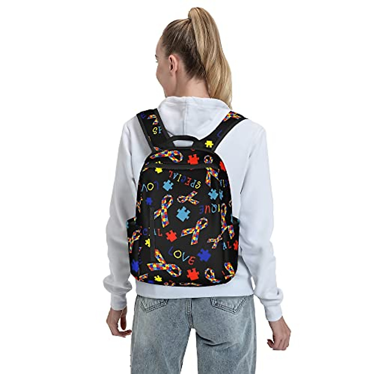 SWEET TANG Backpack for Autism Awareness Ribbon Black Bookbag