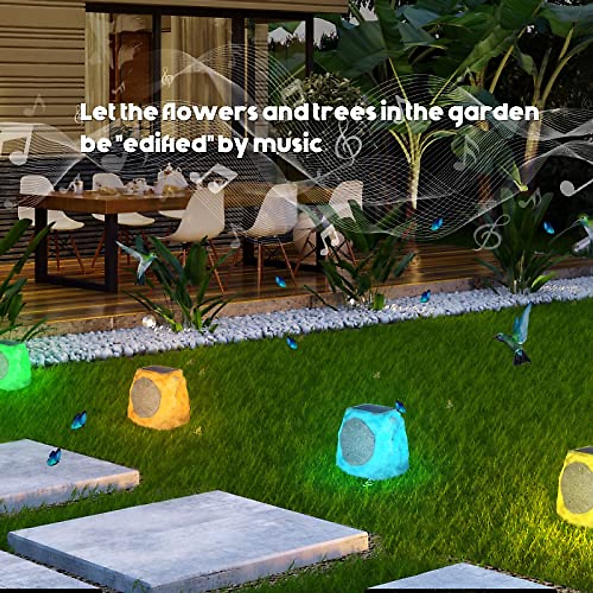 Outdoor Rock Speaker Solar-Powered Wireless Bluetooth 5.0 Speaker Waterproof with RGB Color Multi-Unit Connect Outdoor Speakers for Patio Pool Deck Yard Garden and Home - Pair