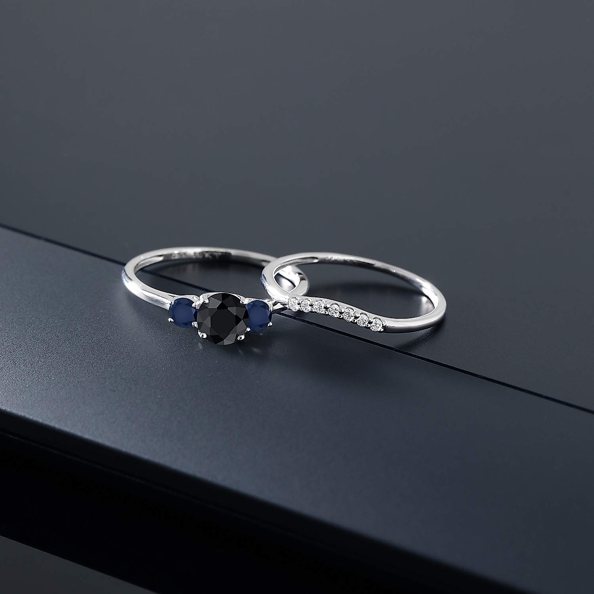 10K White Gold Black Sapphire and Blue Sapphire and White Lab Grown Diamond 3-Stone Bridal Engagement Wedding Ring Set For Women (1.07 Cttw, Gemstone September Birthstone, Round 5MM, Size 9)