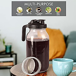 Cold Brew Mason Jar iced Coffee Maker, Durable Glass, - 64 oz (2 Quart / 1.9 Liter), With Handle& Stainless Steel Filter for Iced Brew Coffee, Lemonade, Ice Tea, Homemade Fruit Drinks Container