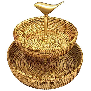 12 Inch Tiered Tray Stand with Gold Metal Handle, Two Tier Wicker Basket Tray with 4 Inch Side and Brass Bird Décor, Boho 2 Tier Rattan Serving Stand for Candy Dish, Fruit, Makeup, Brown, L, i-lan