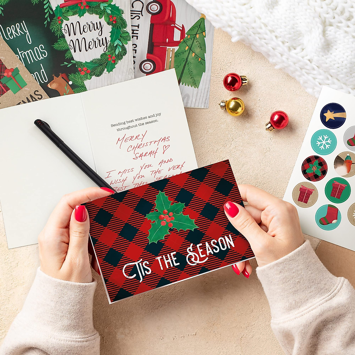 ZICOTO Beautiful Christmas Cards Set of 24 - Incl. Bulk Envelopes, Matching Stickers And Storage Box - Perfect to Send Warm Holiday Wishes to Friends and Family