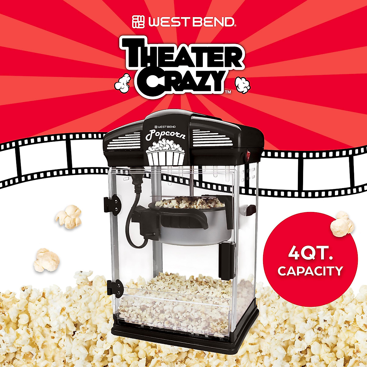 West Bend Stir Crazy Movie Theater Popcorn Popper, Gourmet Popcorn Maker Machine with Nonstick Popcorn Kettle, Measuring Tool and Popcorn Scoop for Popcorn Machine, 4 Qt., Black