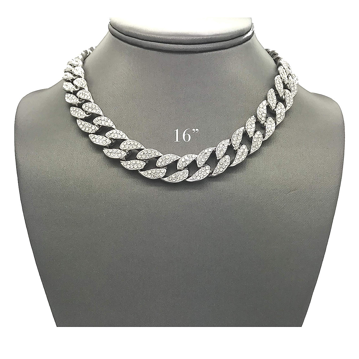 Shiny Jewelers USA Mens Iced Out Hip Hop Silver tone CZ Miami Cuban Link Chain Choker Necklace (16")