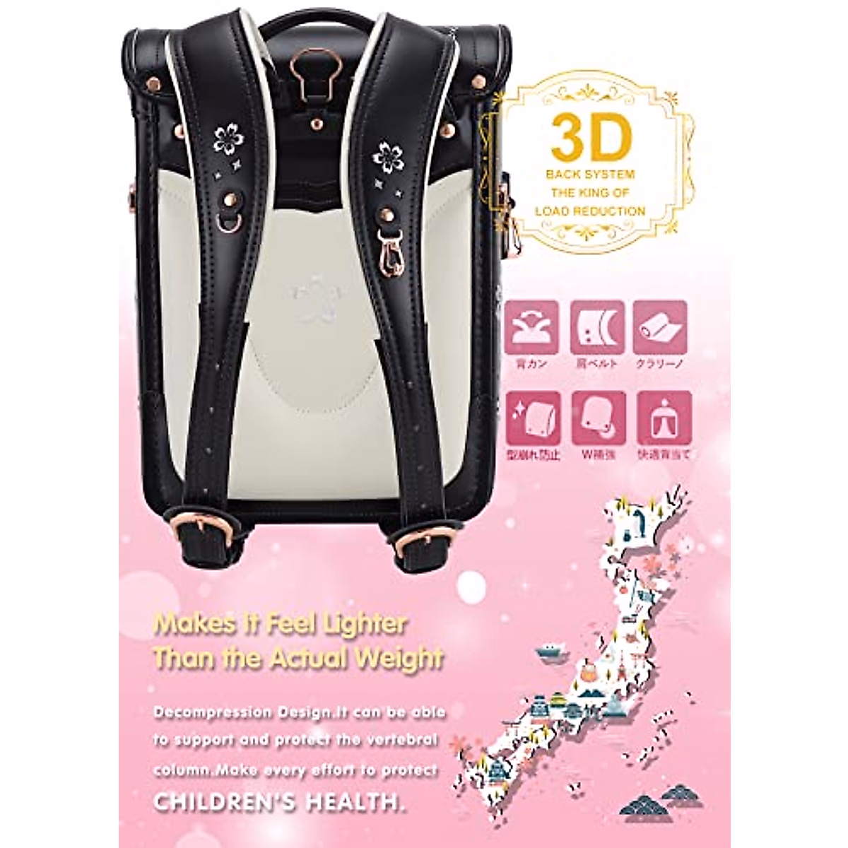 IwaiLoft Ransel Randoseru Backpack Automatic Satchel Japanese School Bag Cherry Blossom Sakura Embroidery PU Bookbag For Girls (Black)