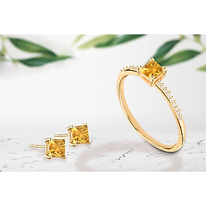 Tirafina Square Citrine and Diamond Accent Ring, 14K Yellow Gold Plated Sterling Silver Band, Solitaire Ring, Dainty Rings for Women, Thin Birthstone Rings - 0.07 CTTW (4mm stone)
