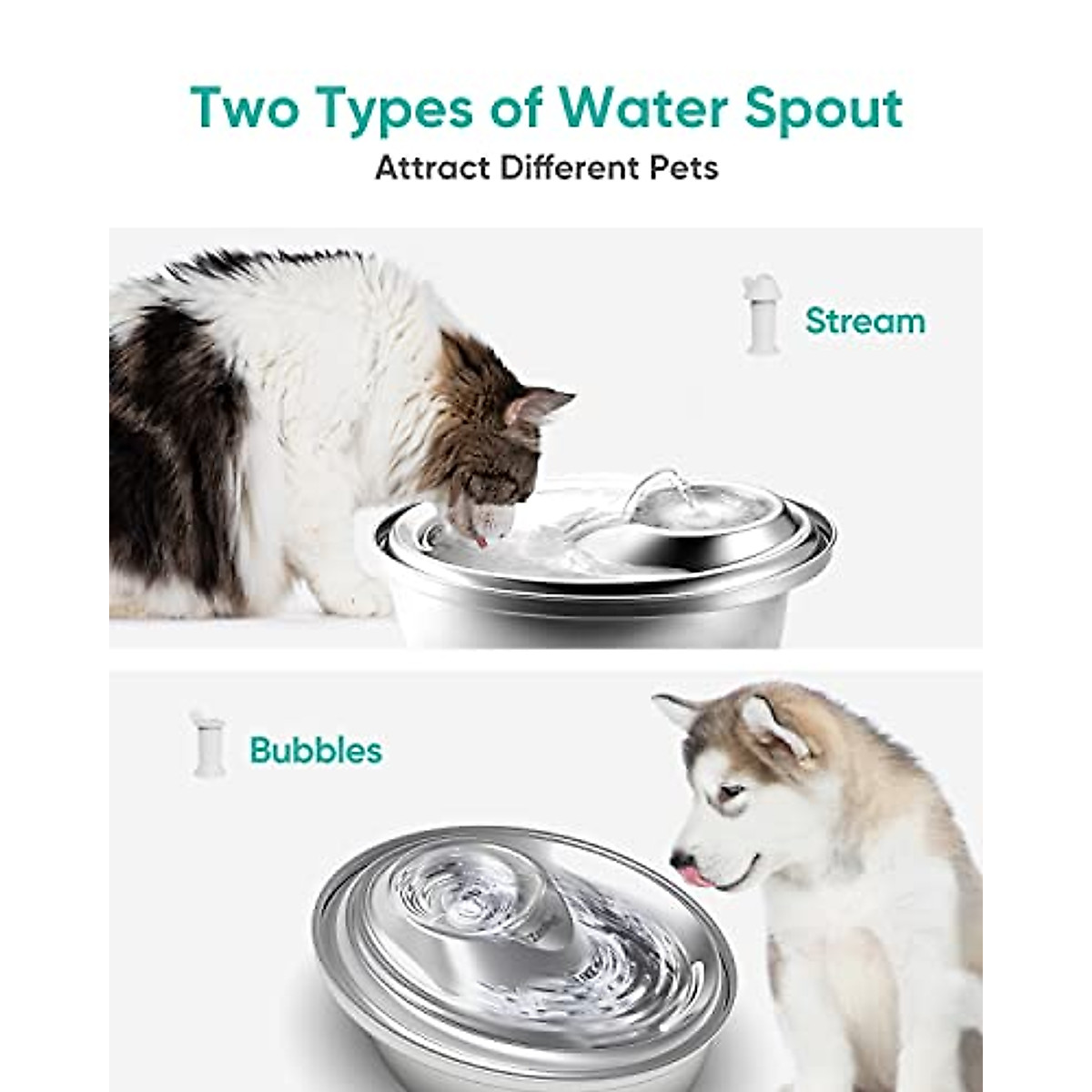 ZeePet Cat Water Fountain Stainless Steel D60,100oz/3L Pet Water Fountain for Cats Inside,Dog Fountain Water Bowl for Small, Medium Dogs and Cats (with mat, 6pcs Filters, Brushes)