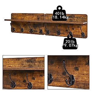 YMYNY Coat Rack Shelf Wall Mounted, Wooden Coat Hooks Set of 2, Entryway Coat Hanger with 8 Hooks,31.5''L Floating Shelves, Key Holder, for Kitchen, Bathroom, Living Room, Rustic Brown, UHWS006H-2