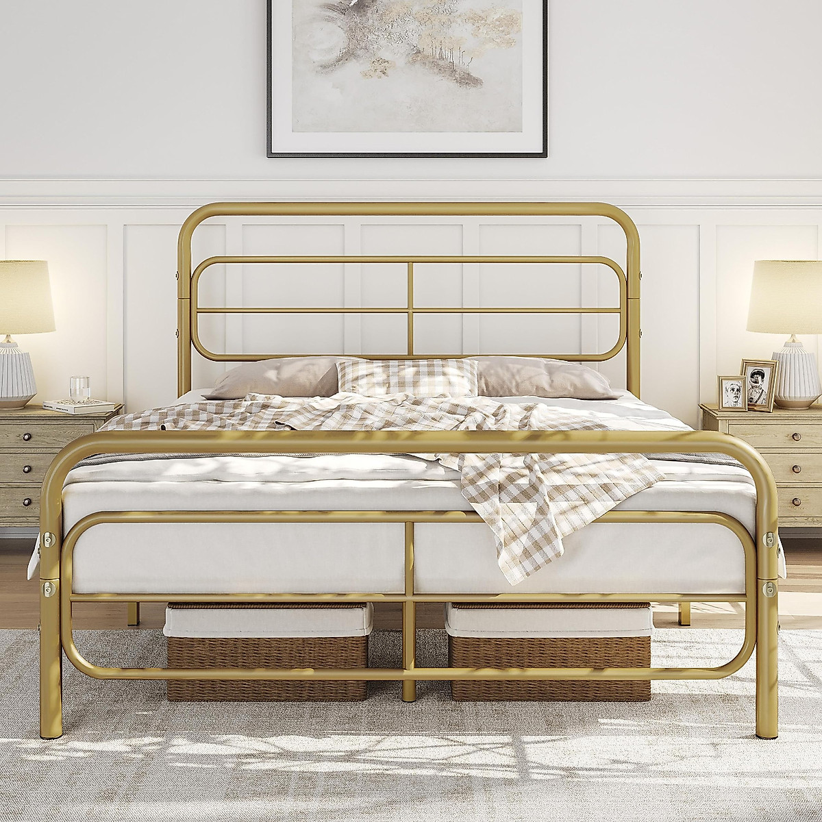 Yaheetech Queen Bed Frame Metal Platform Bed with Geometric Patterned Headboard, Mattress Foundation with Under Bed Storage/Sturdy Slat Support, No Box Spring Needed, Antique Gold