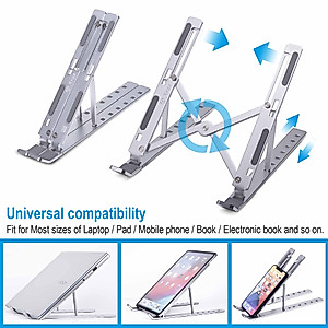 Arae Laptop Stand for Desk, Adjustable Ergonomic Portable Aluminum Laptop Holder, Foldable Computer Stand 7 Angles Anti-Slip Laptop Riser Compatible with 9-15.6 inch Laptops, Silver