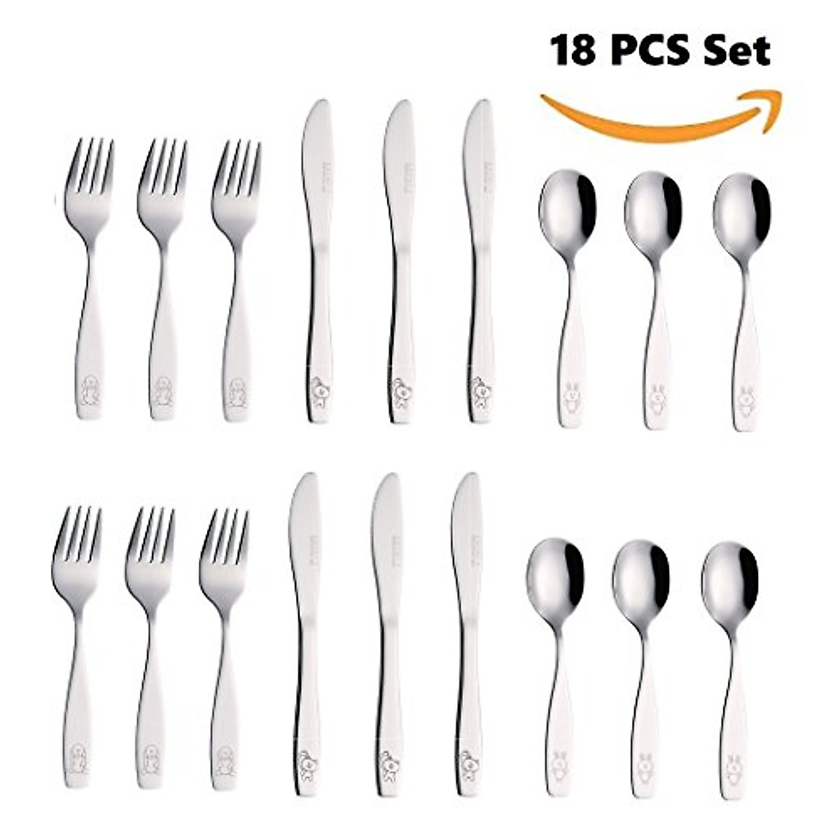 Exzact Exzact Children's Flatware Kids Silverware 18pcs/Toddler Utensils - 6 x Forks, 6 x Safe Dinner Knives, 6 x Dinner Spoons - Engraved Dog Cat Bunny