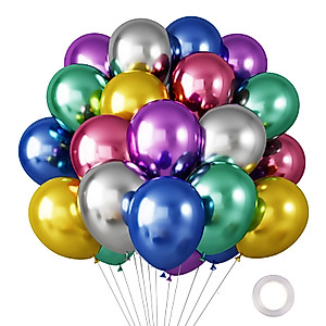 RUBFAC 65 Pcs 12 Inches Metallic Party Balloons, 6 Assorted Colors Metallic Balloons for Birthday Graduation Carnival Baby Shower Wedding Decoration