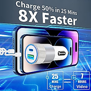[Apple MFi Certified] iPhone Fast Car Charger, Caiinei 48W Dual PD/QC3.0 USB-C Power Car Charge Adapter + 2 Pack 6FT Coiled Lightning Cable Quick Car Charging for iPhone 14 13 12 11 Pro Max/XS/XR/iPad