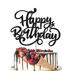 Crseniny Happy Birthday Cake Topper,Black Glitter Birthday Sign Cake Decorations，Anniversary Party/Birthday Party Decoration Supplies(Black)