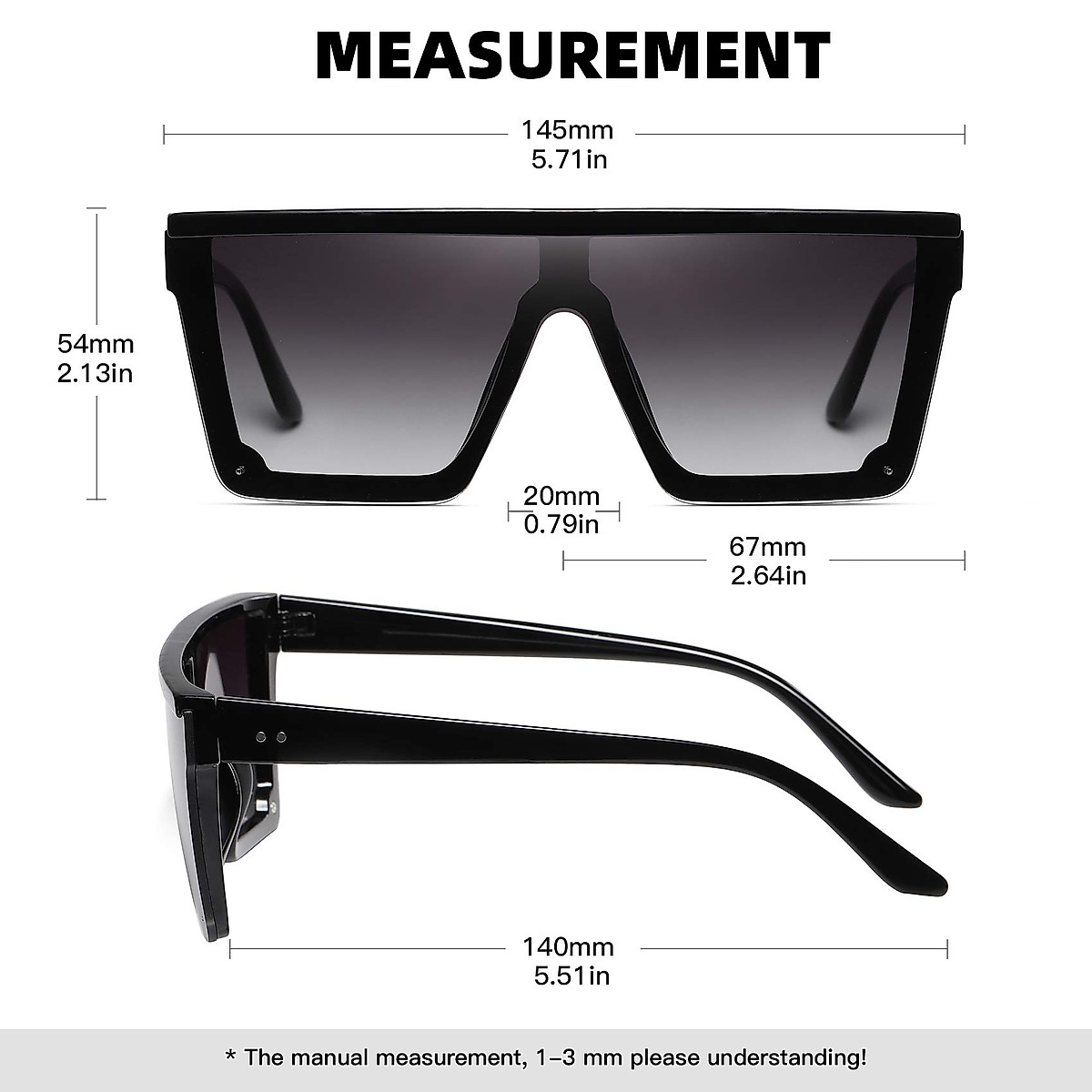 STORYCOAST Square Sunglasses for Women Men Fashion Big Frame Flat Top Sun Glasses Mirror Lens (Bright Black-Gradient Gray)