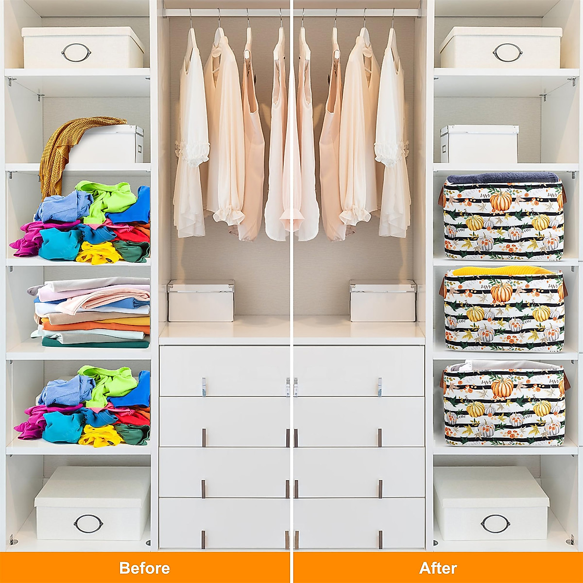 Funnewban Halloween Jack-O-Lantern Pumpkin Storage Bin Basket Collapsible with Leather Handles Waterproof Canvas Storage Cube Box for Closet Toys Clothes Nursery Room Decor Gift Basket