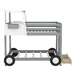 P PURLOVE Car Shaped Bunk Bed Twin Over Twin with Wheels and Shelves, Bunk Bed Frame with Ladder and Drawer, Wooden Bunk Bed for Boys, Girls and Young Teens, No Box Spring Needed (Gray)