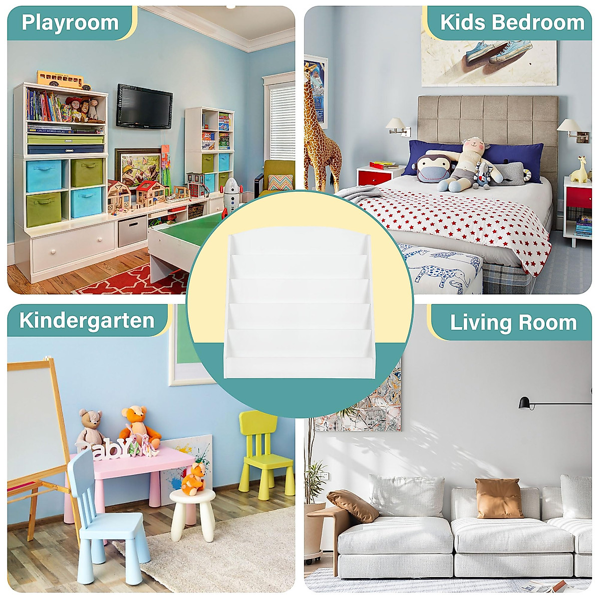 TOETOL 5-Tier Kids Bookshelf - Toddler Book Display Shelves for Classrooms, Playrooms, and Nursery - Wooden Children Book Rack (White)