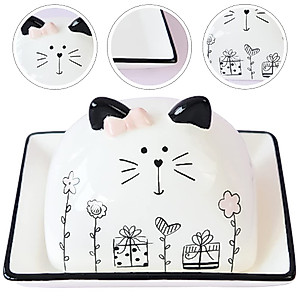Cabilock Butter Dish with Lid Cute Cat Butter Box Ceramic Butter Container Holds for Countertop Cheese Butter Holder Butter Keeper for Home Kitchen Decor