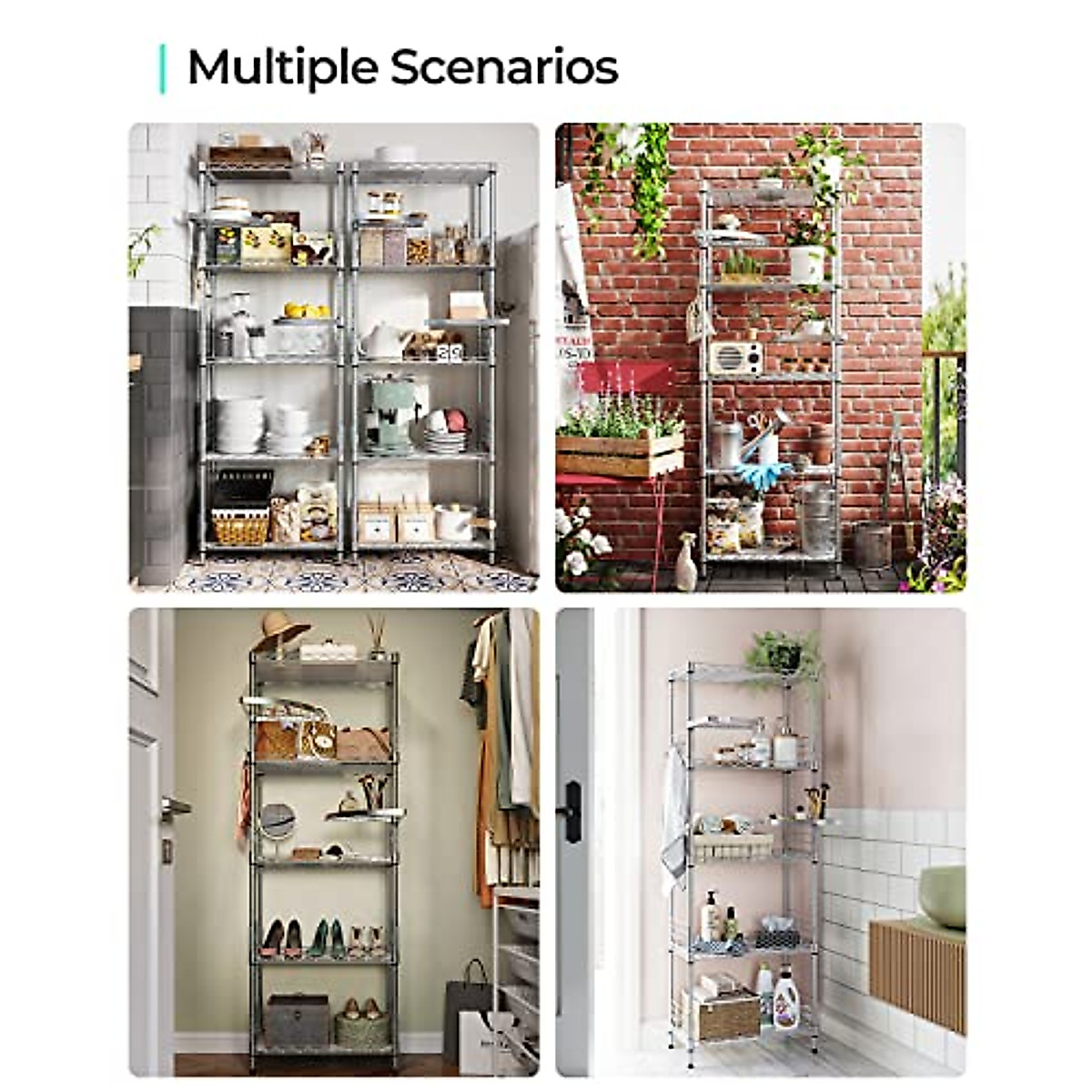 LINSY HOME 5-Tier Storage Shelves with 2 Rotatable Shelves, Height Adjustable Metal Pantry Shelves with 5 Hooks and Shelf Liners, Heavy Duty Metal Shelving, Wire Shelving for Kitchen, Bathroom -Sliver