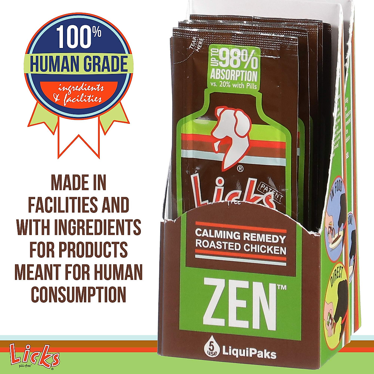 Licks Pill Free Zen Dog Calming - Calming Aid Supplements for Aggressive Behavior and Nervousness - Calming Dog Treats for Stress Relief & Dog Health - Gel Packets - Roasted Chicken Flavor, 5 Use