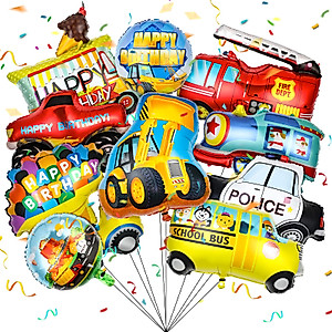 10 Pieces Transportation Birthday Party Decoration for Boys Car Balloons Ice Cream Cart School Bus Fire Truck Train Police Bulldozer Pickup Truck Truck Oval Balloons Foil Balloons