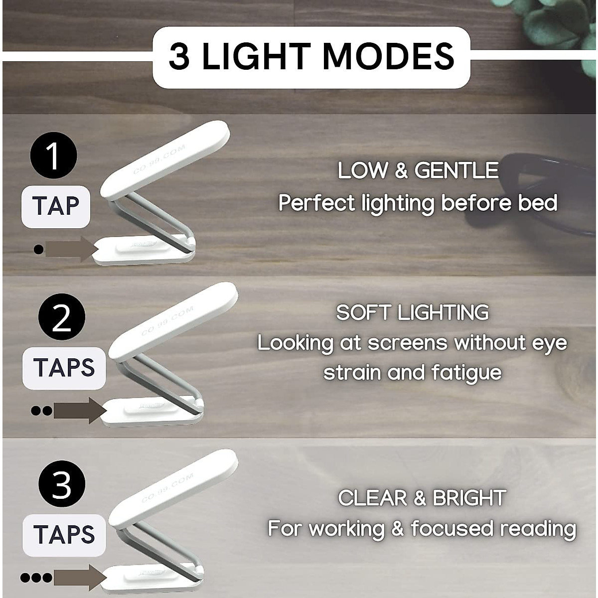 FERMALIFE - Foldable LED Table Desk Lamp, Adjustable Portable Reading Night Light - 3 Light Settings, Compact & Rechargable USB for Bedroom, Office, School (White)
