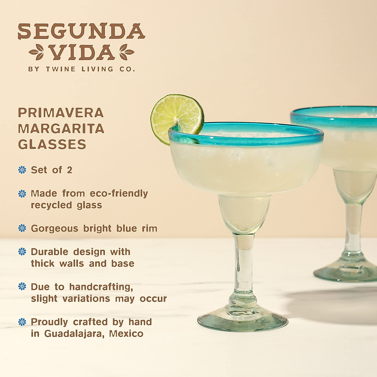 Segunda Vida Primavera Stemmed Margarita Glasses - Blue Rim Margarita Glass Set Made in Mexico - 100% Recycled Glass 10oz Set of 2