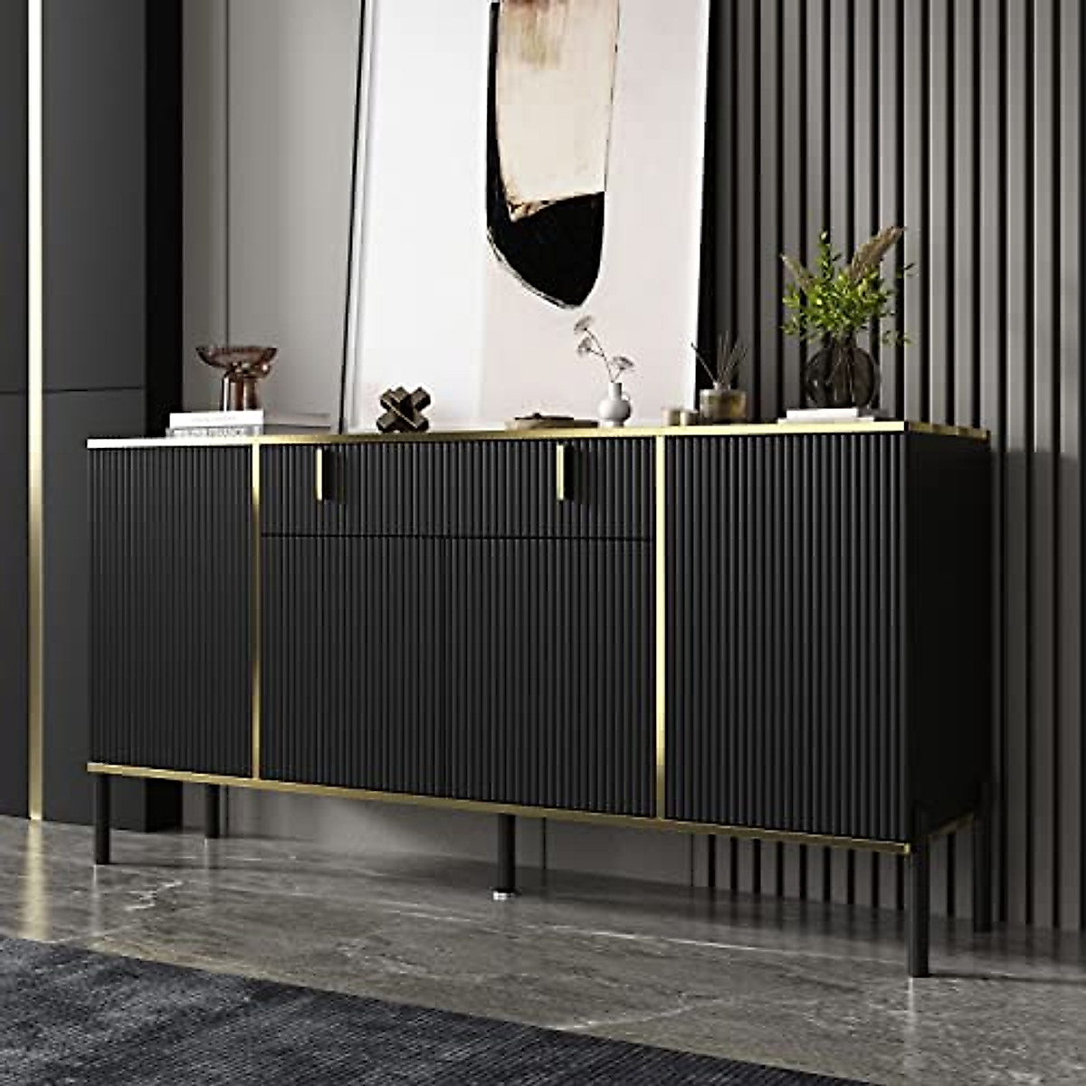 FAMAPY Modern Credenza Sideboard Buffet with Drawer & Pop-Up Doors, Buffet Sideboard Storage Cabinet with Black Metal Legs, for Living Room Hallway Black and Gold (63”W x 15.7”D x 31.5”H)