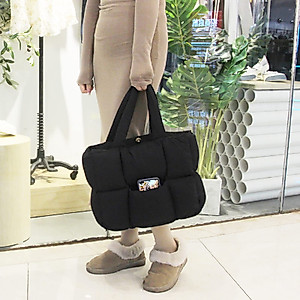 NAARIIAN women large puffer purse puffy tote bags dupes light weight handmade nylon bag woven shoulder handbag(Black)