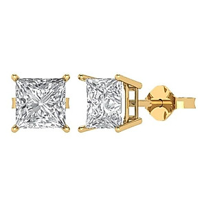 Clara Pucci 4.0 ct Princess Cut VVS1 Conflict Free Solitaire Genuine Moissanite Designer Stud Earrings Solid 14k Yellow Gold Push Back