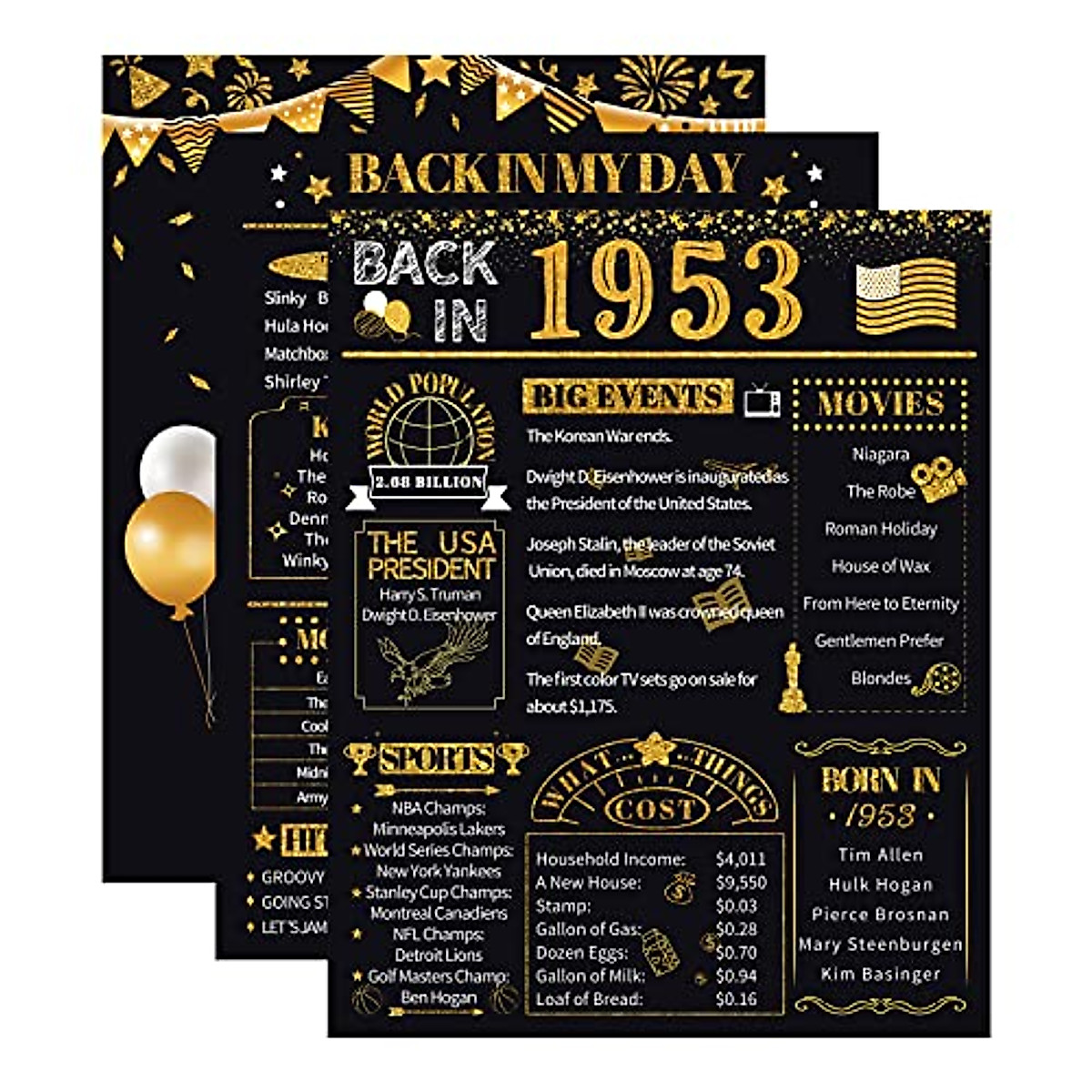 HOMANGA 70th Birthday Decorations for Men, 3 Pieces 70th Birthday Anniversary Posters, Back in 1953 Party Decoration Supplies, 70th Gifts for Men and Women Black Gold 8x10 Inch