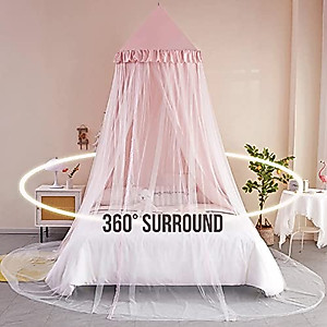 Kertnic Bed Canopy for Kids Room Double Layer Mosquito Net, Hanging Play Tent Children Reading Nook Canopies, Round Dome Princess Castle Dreamy Bedding for Girls Room House Décor (Beige Pink)