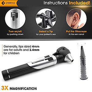 Cynamed Mini Otoscope - Portable Ear Light and Exam Kit for Home and Professional Use - 4X Magnifying Fiber Optic Scope with Spare Tips, Bulb, and Carrying Case - Pocket Diagnostic Equipment (Black)