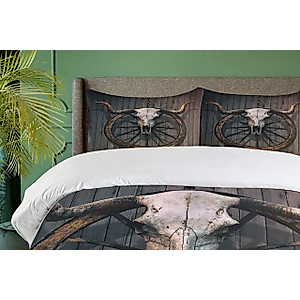 Ambesonne Barn Wood Wagon Wheel Duvet Cover Set, Long Horned Bull Skull and Old West Wagon Wheel on Rustic Wall, Decorative 3 Piece Bedding Set with 2 Pillow Shams, Queen Size, White Black Brown