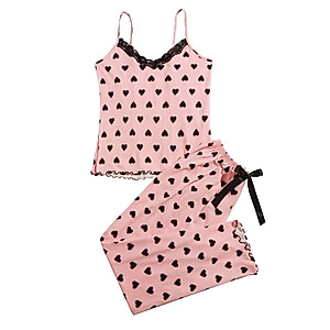 Verdusa Women's Lace Trim Heart Print Cami Top and Pants Loungewear Pajama Set Pink S