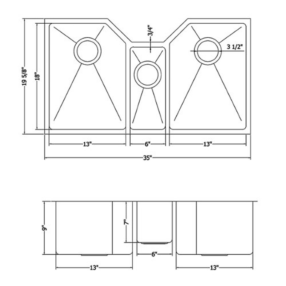 Ruvati 35" Triple Bowl Undermount 16 Gauge Stainless Steel Kitchen Sink - RVH8500