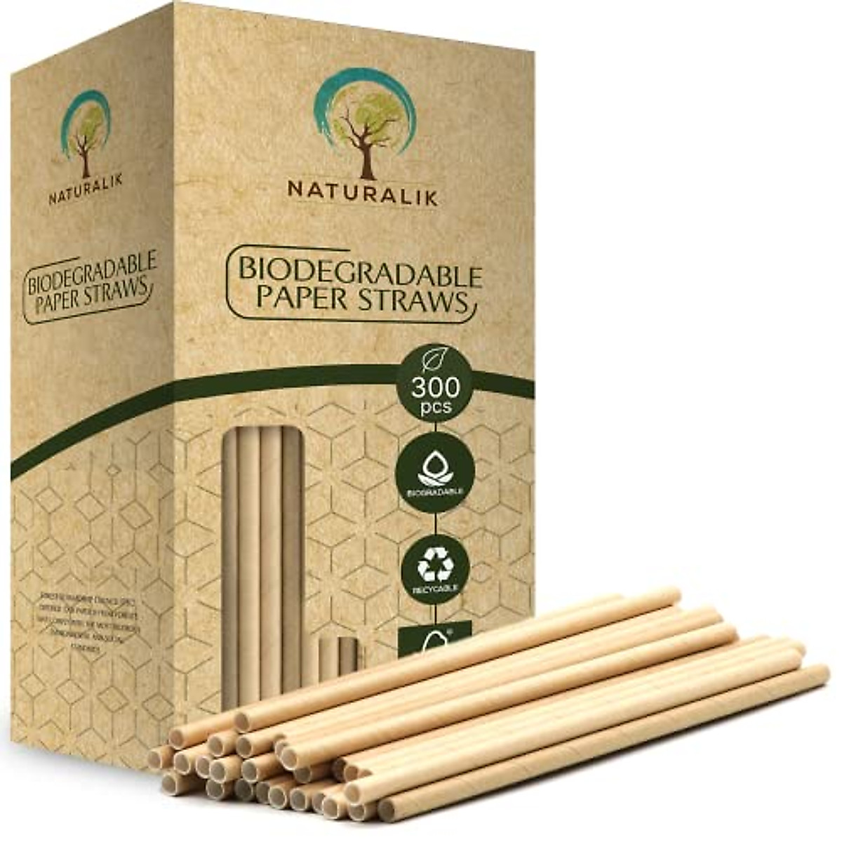 Naturalik 300/1000-Pack Extra Durable Brown Paper Straws Biodegradable- Premium Eco-Friendly Paper Straws Bulk- Drinking Straws for Juices, Restaurants and Party Supplies, 7.7" (Brown, 300ct)