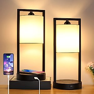 TOBUSA Wireless Charging Touch Control Table Lamps Set of 2, Bedside Nightstand Lamps White Fabric Shade, Modern Dimmable Desk Lamps for Bedroom Living Room Office Warm White E26 Bulbs Included