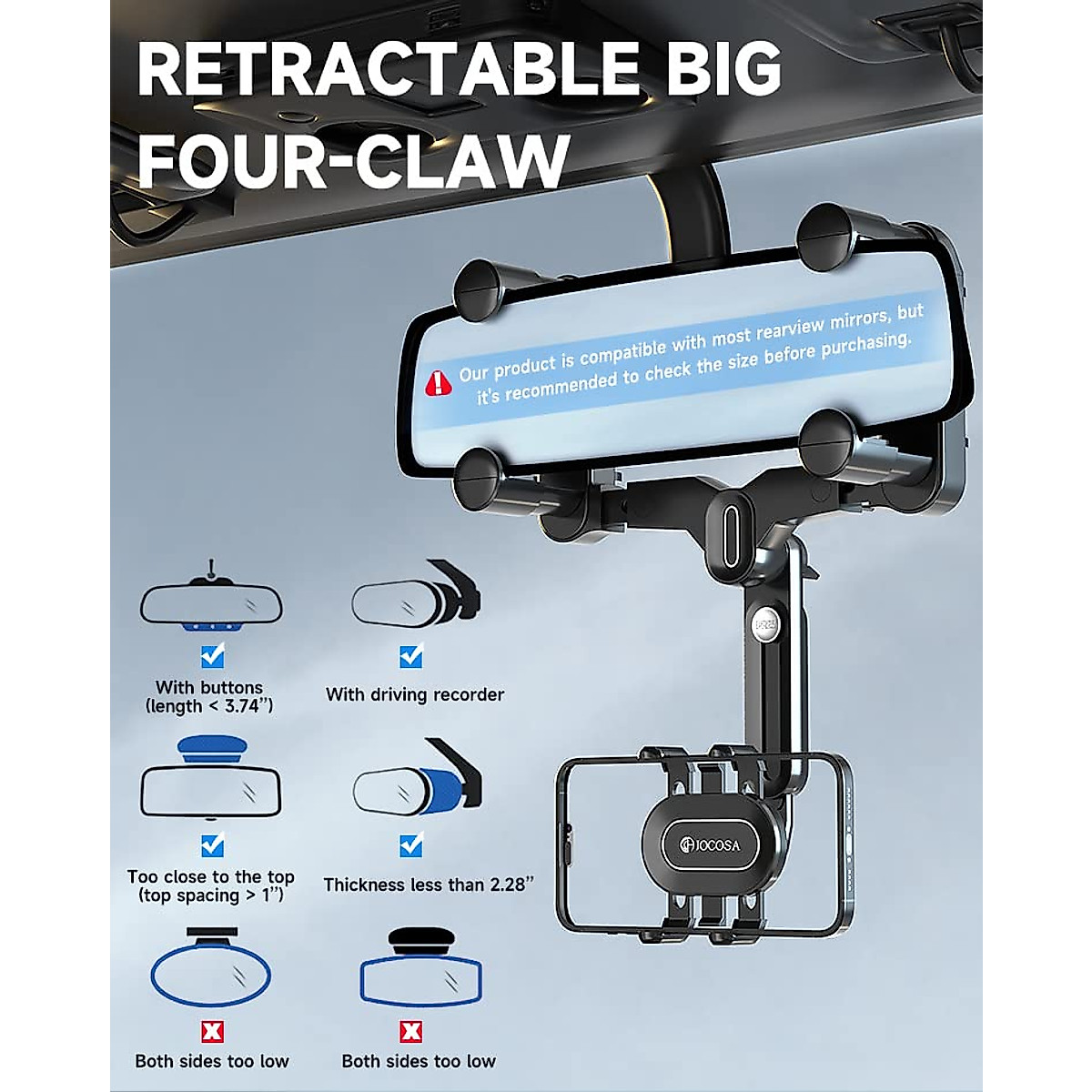 2in1 Phone Mount for Car Rearview Mirror & Air Vent, Super clamping force, Universal 360° Rotatable and Retractable Phone Holder Adjustable Multifunctional for Most Mobile Phones & Cradle Air Vent.