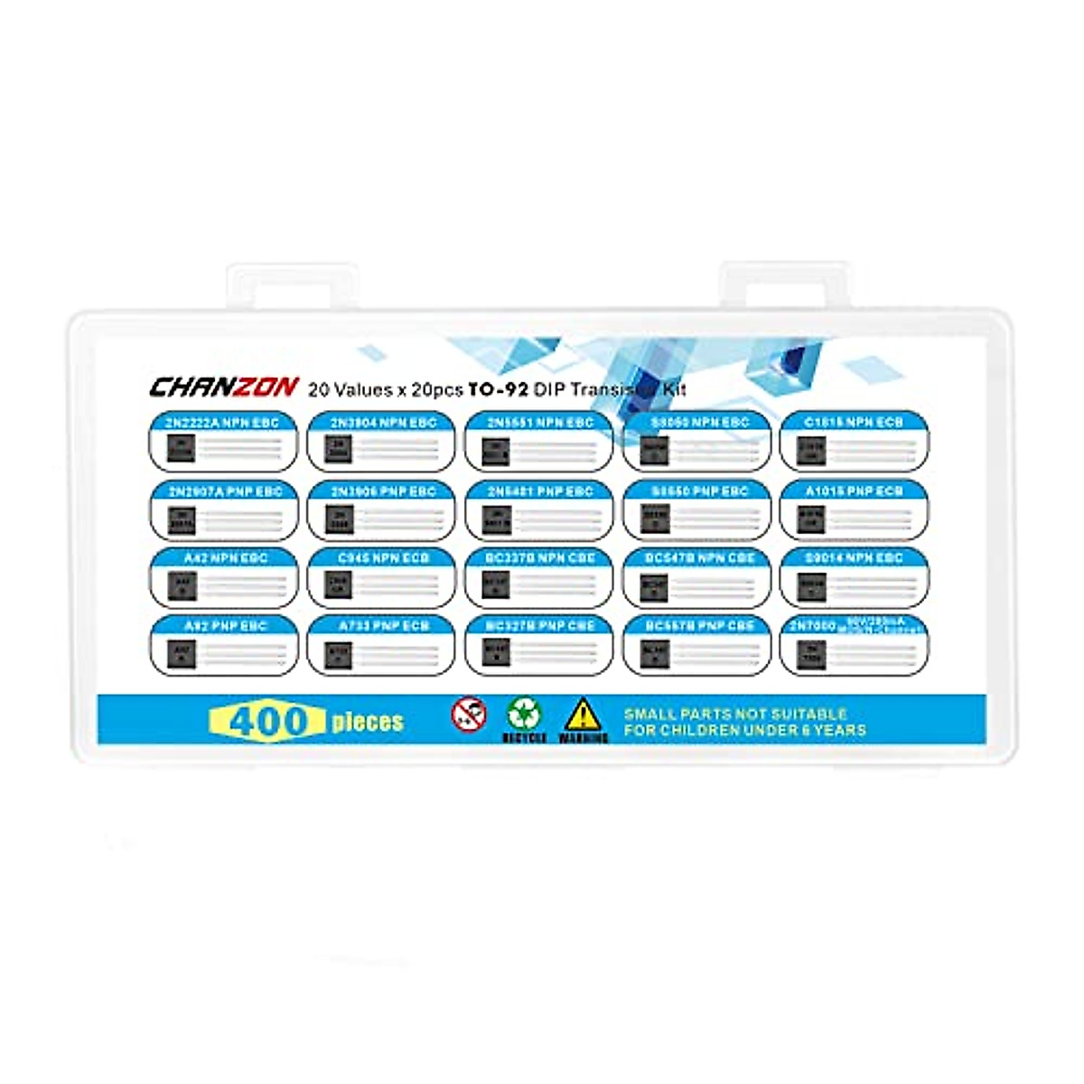 Chanzon 20 Values 400pcs Transistor Kit TO-92 Including (2N2222A 2N2907A 2N3904 2N3906 2N5551 2N5401 S8050 S8550 A1015 C1815 A42 A92 A733 C945 S9014 BC327B BC337B BC547B BC557B 2N7000) Each 20pcs
