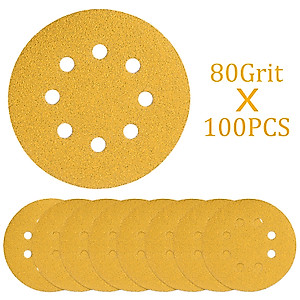5 Inch Gold Sanding Discs, 80 Grit Sandpaper 8 Hole Sanding Disc Hook and Loop Round Orbital Sander Sandpaper for Wood,100 Pack