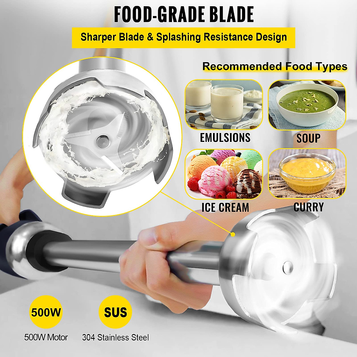 VBENLEM Commercial Immersion Blender 500W Power, Hand Held Mixer with 15.7-Inch 304 Stainless Steel Removable Shaft, Electric Stick Blender Variable Speed 4000-16000RPM