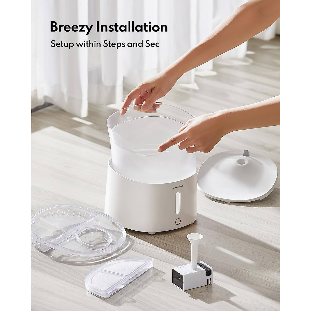 Silent Cat Water Fountain, HomeRunPet Pet Fountain with Wireless-Pump, Small-Dog Water Dispenser, Dual Mode, Quick Assembly & Easy-Clean, Filters Included, 68 oz/2L