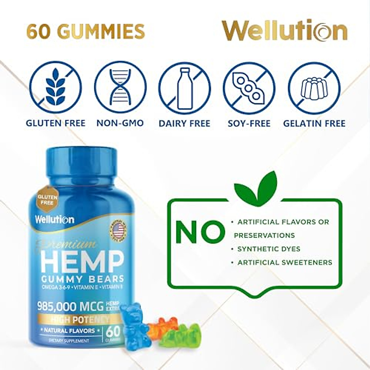 WELLUTION Hemp Gummies 985,000 High Potency - Fruity Gummy Bear with Hemp Oil. Natural Hemp Candy Supplements - Nutritional Value & Great Taste