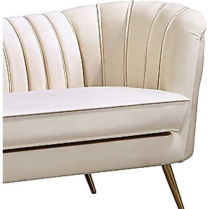 Meridian Furniture Margo Collection Modern | Contemporary Velvet Upholstered Loveseat with Deep Channel Tufting and Rich Gold Stainless Steel Legs, Cream, 65" W x 30" D x 33" H