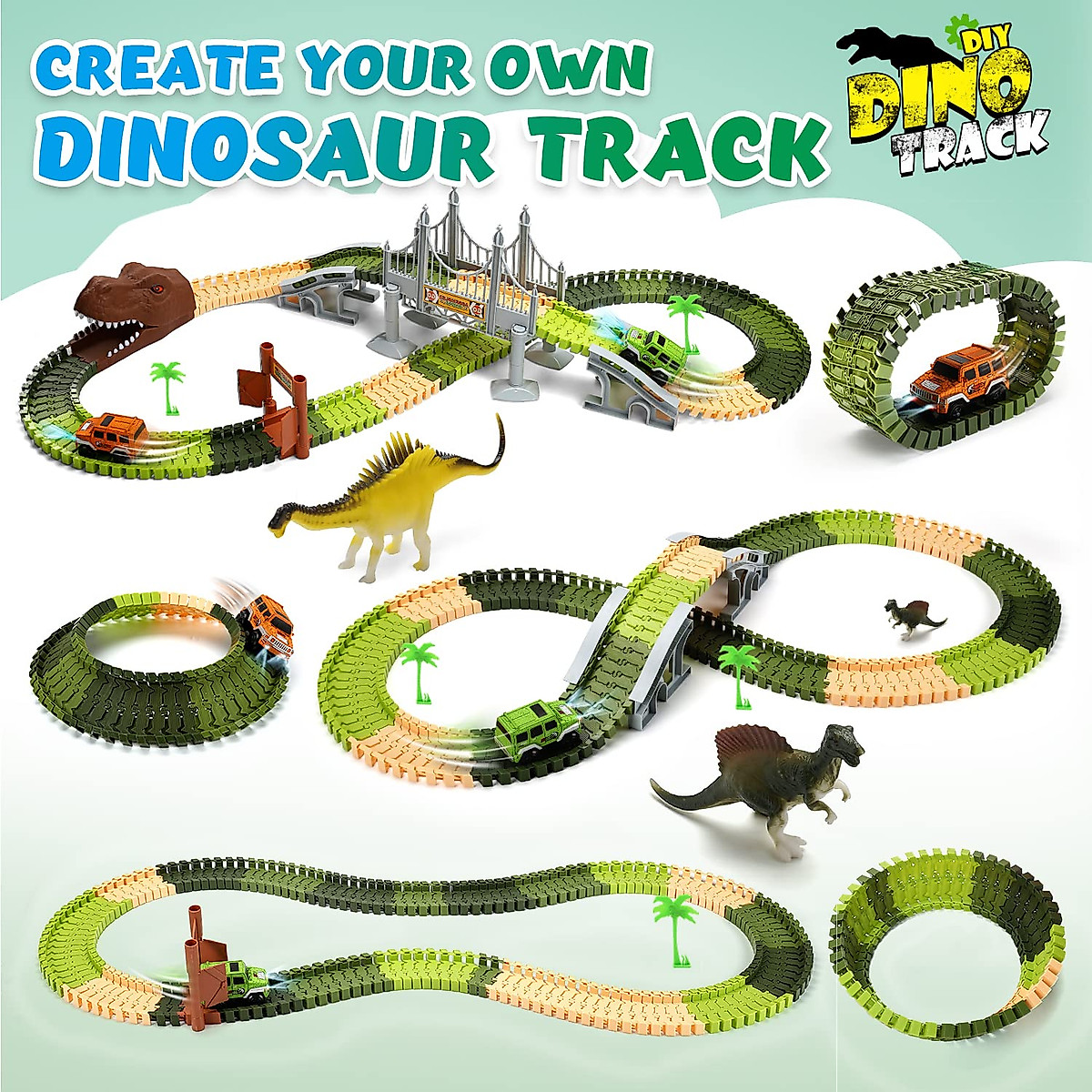 EagleStone 194 Pcs Dinosaur Race Car Tracks Set for Kids,Flexible Train Tracks to Create A Dino World Road with Bridge,2 Electric Cars with LED Light,Best Gift for Toddlers Boys and Girls